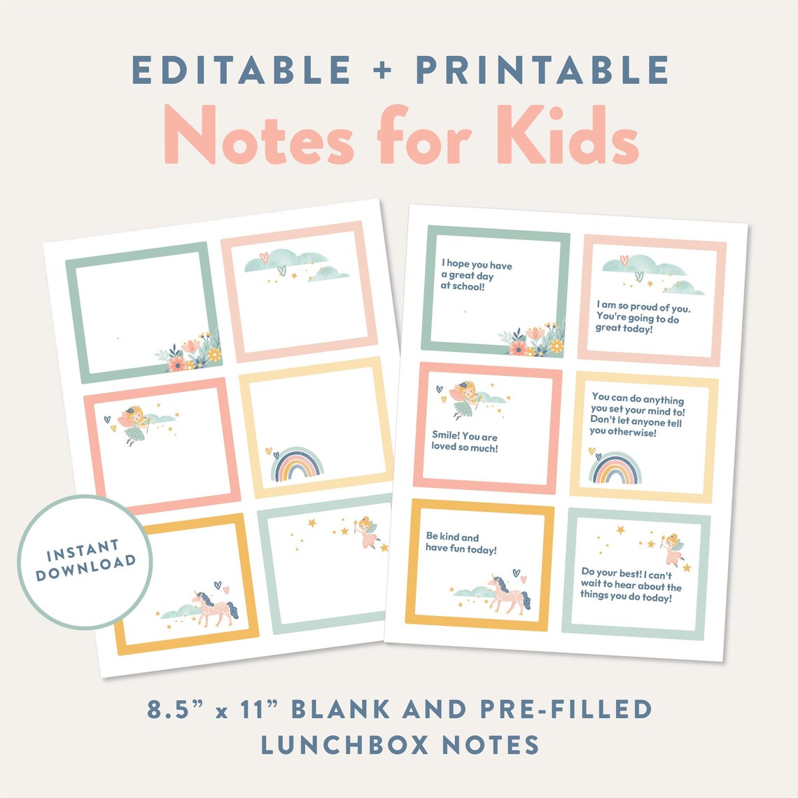 Editable Lunchbox Notes for Kids, Printable Notes for Girls ...