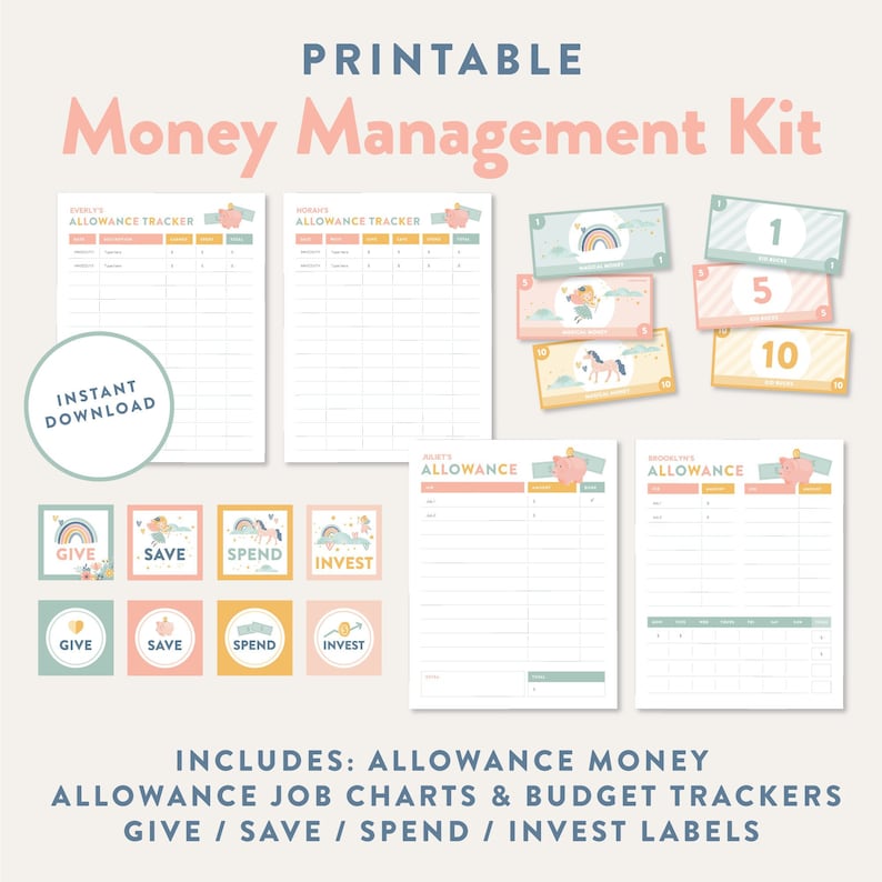 Printable Money Management Kit for Kids Allowance Charts - Etsy