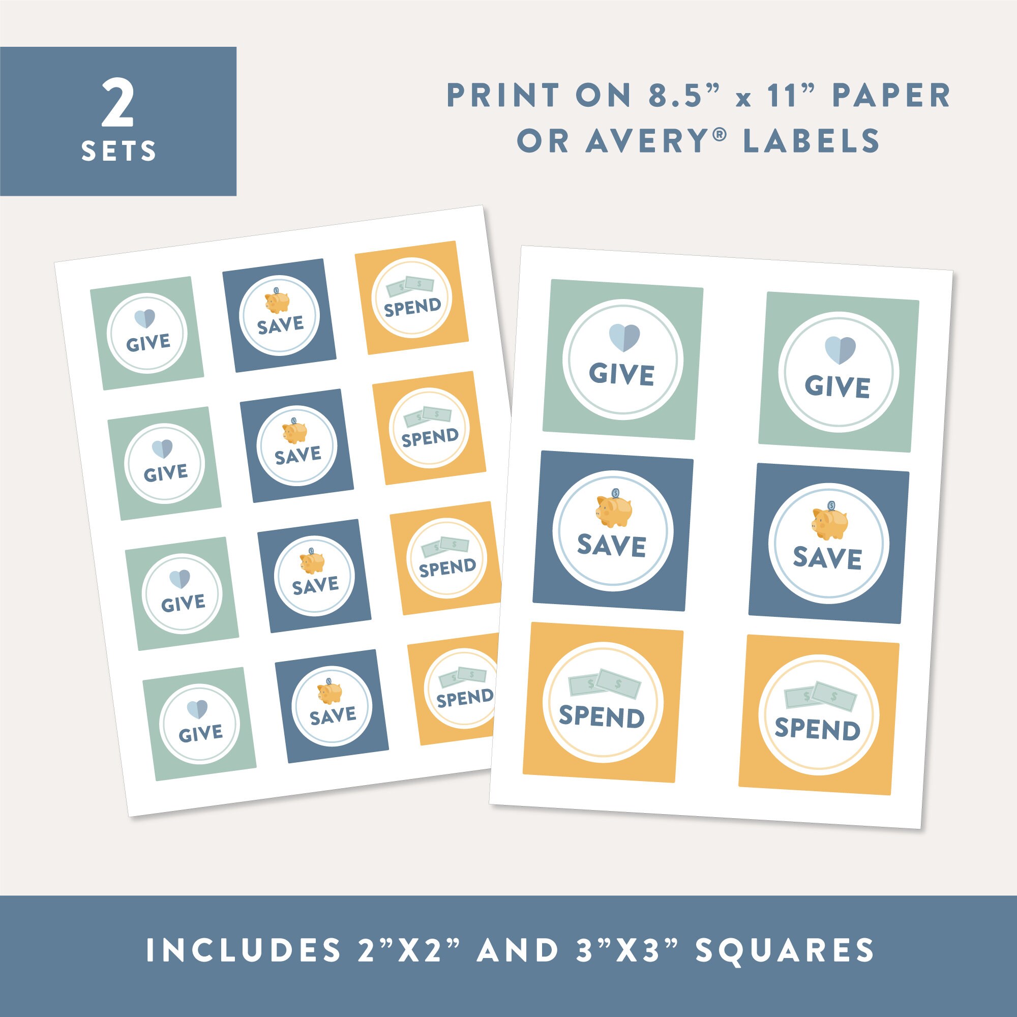 Give Save Spend Square Labels, Printable Allowance Jar Labels, Piggy ...