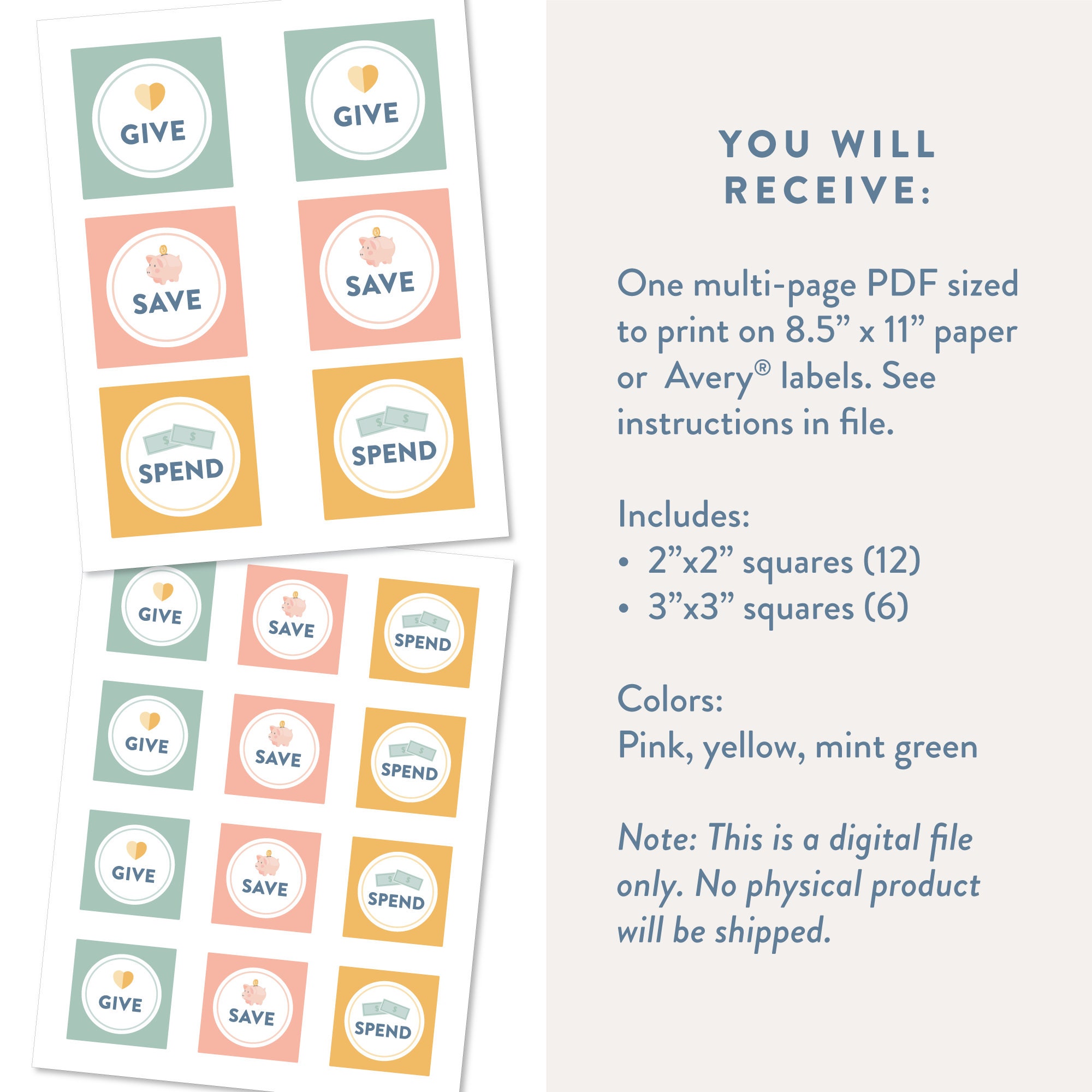 Give Save Spend Square Labels, Printable Allowance Jar Labels, Piggy ...
