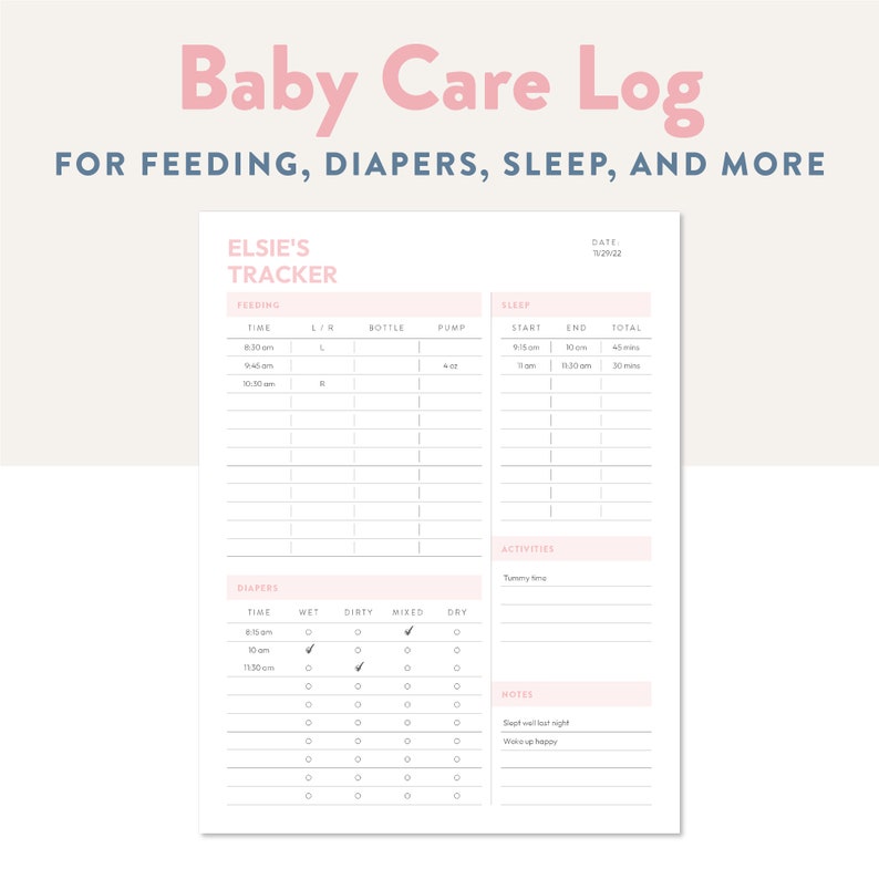 Printable Newborn Care Log, Custom Baby Tracker for Feeding, Diapers ...
