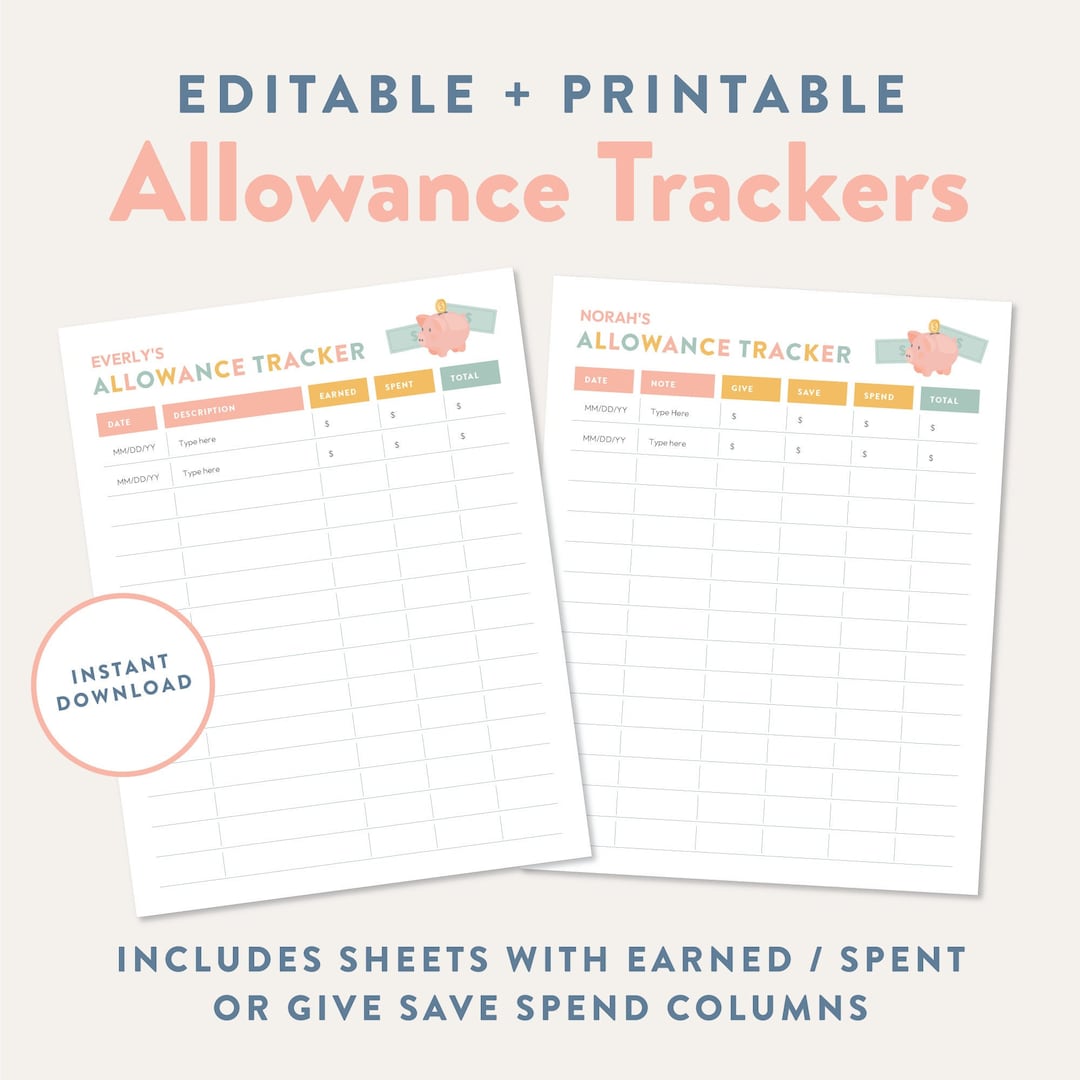 Allowance Budget Tracker for Kids, Printable Expense List, Editable ...