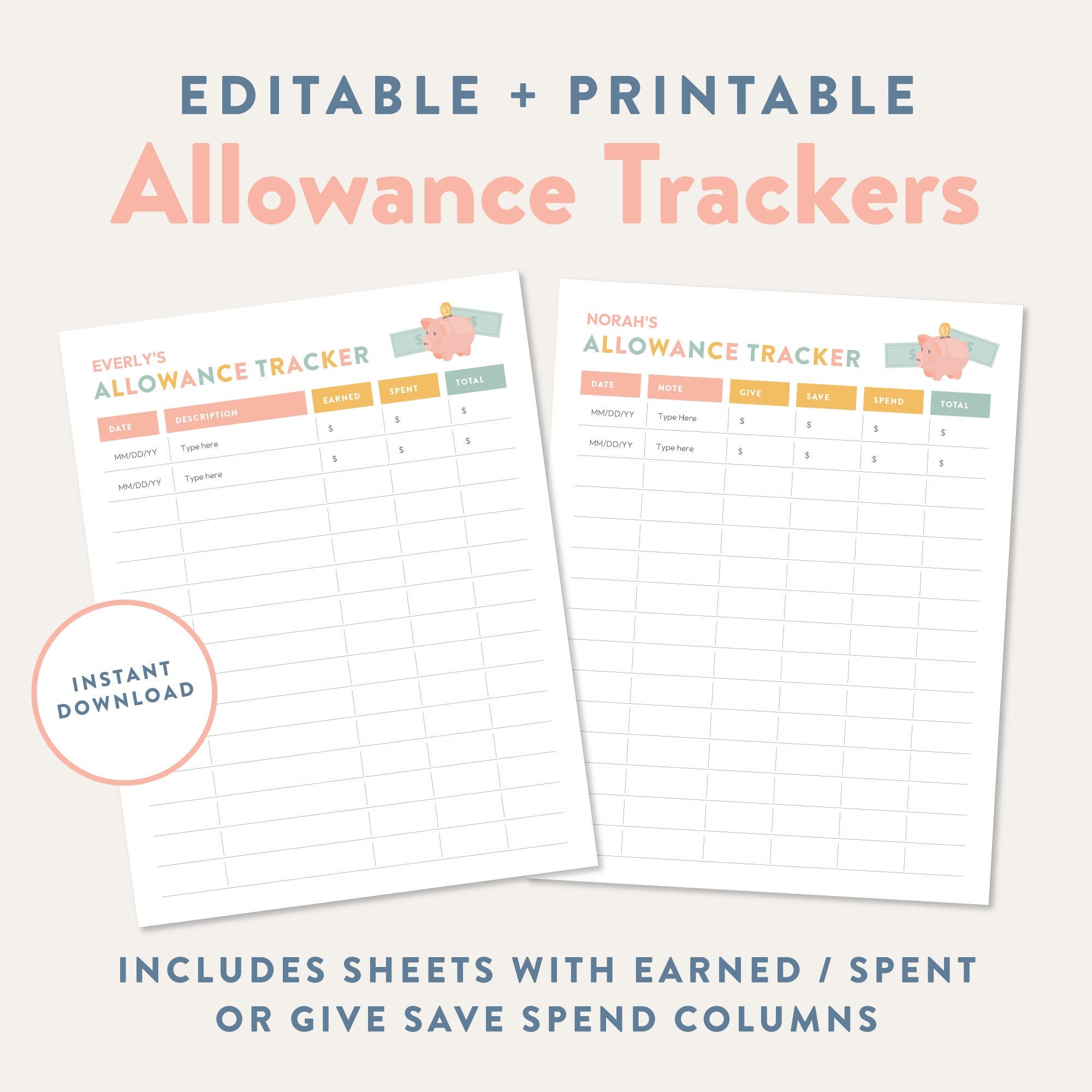 Allowance Budget Tracker for Kids, Printable Expense List, Editable ...