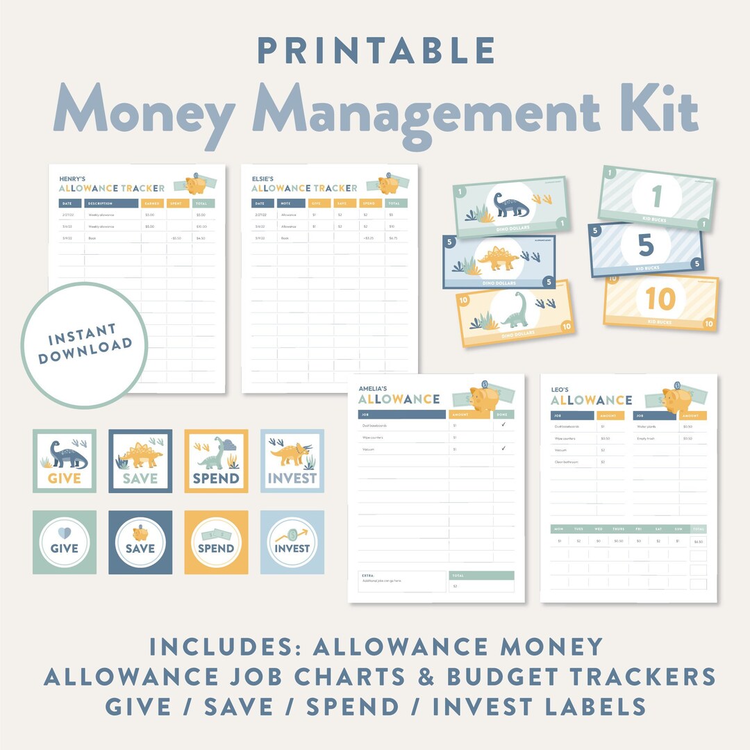 Printable Kids Money Management Kit: Allowance Tracker, Budgeting ...
