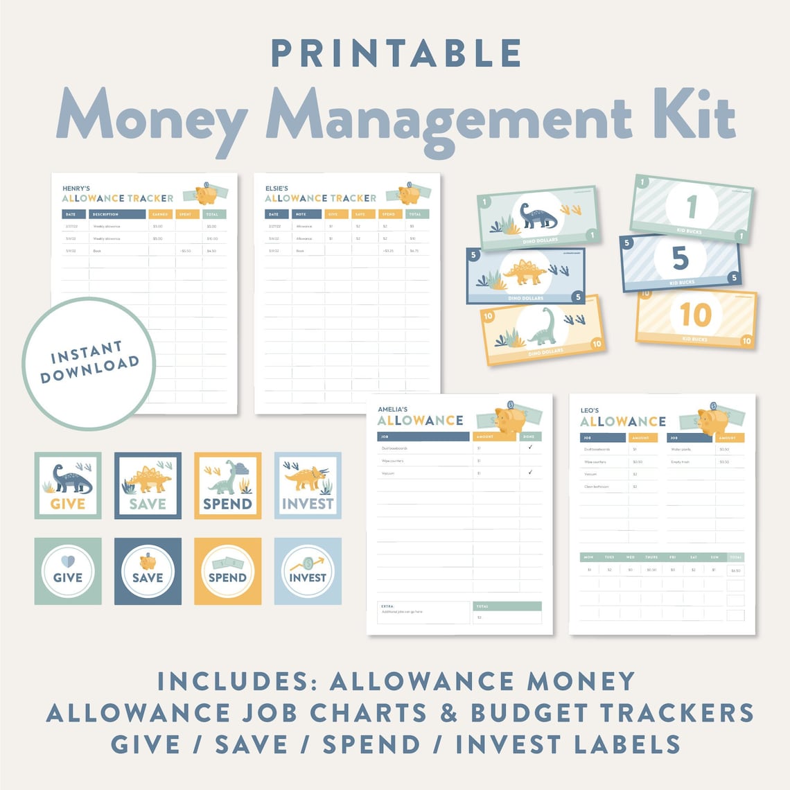 Printable Kids Money Management Kit: Allowance Tracker, Budgeting ...