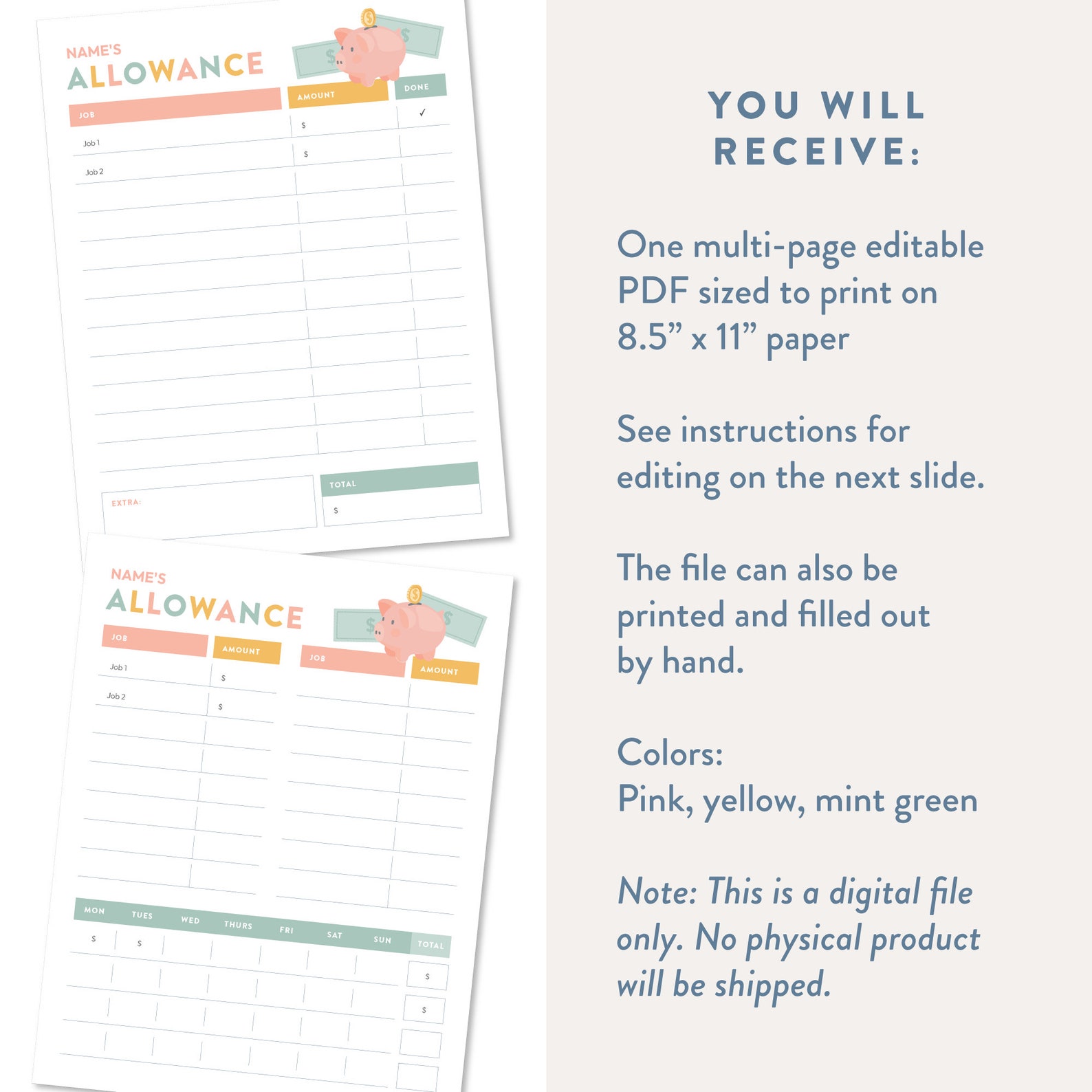 Editable Allowance Charts, Printable Job List, Personalized Kids Money ...