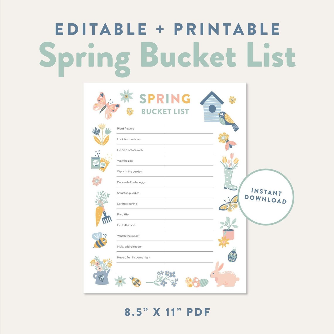 Editable Spring Bucket List, Printable Spring Fun Sheet, Kids and ...