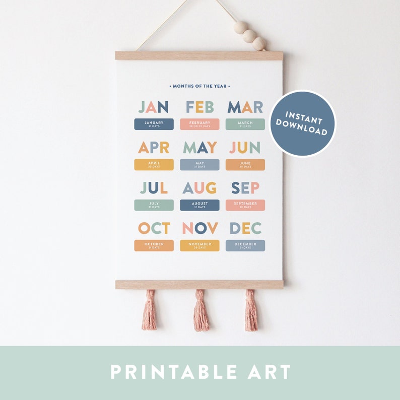 Months of the Year Educational Poster, Printable Wall Art, Homeschool ...
