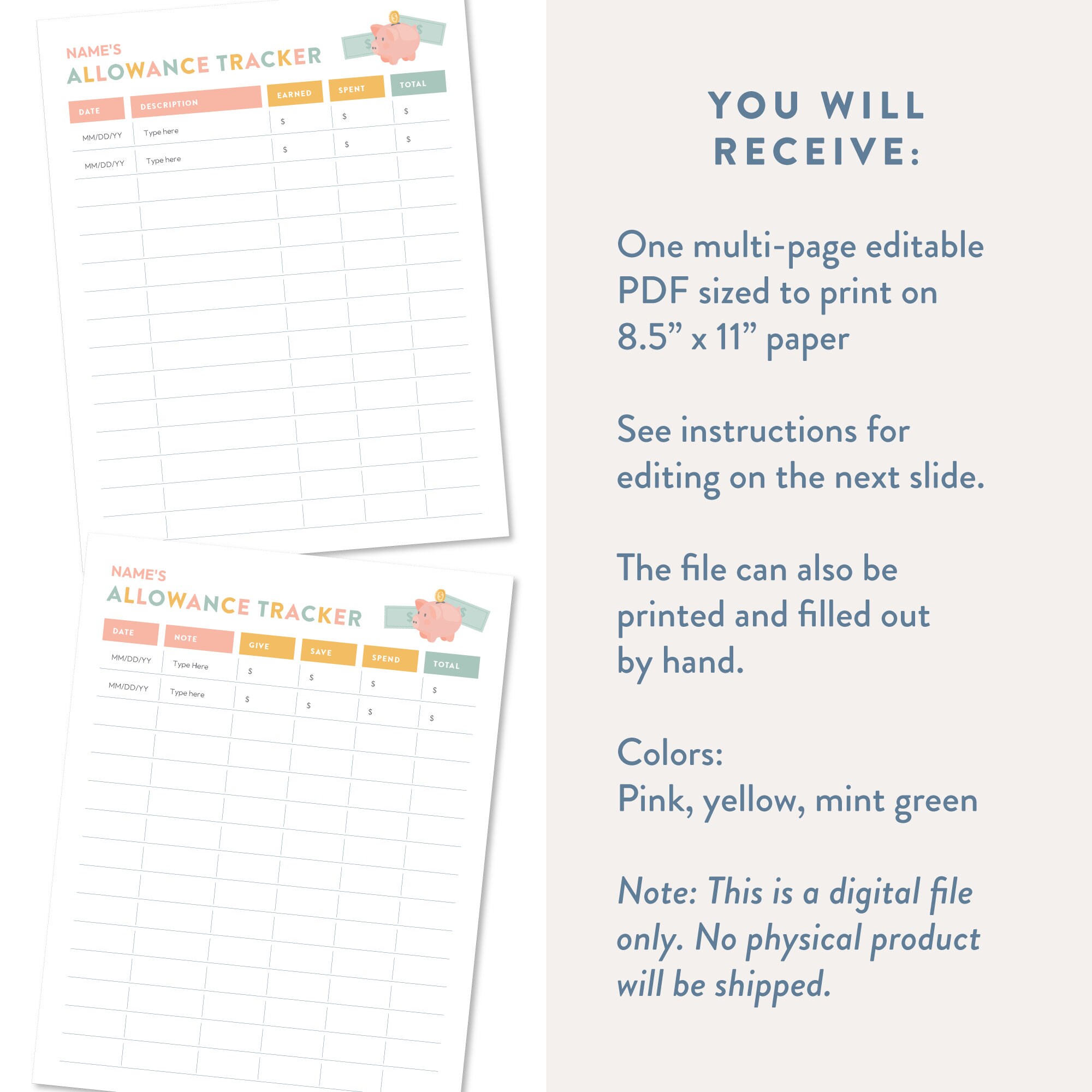 Kids Allowance Tracker: Printable Budget & Expense List (PDF) - Etsy