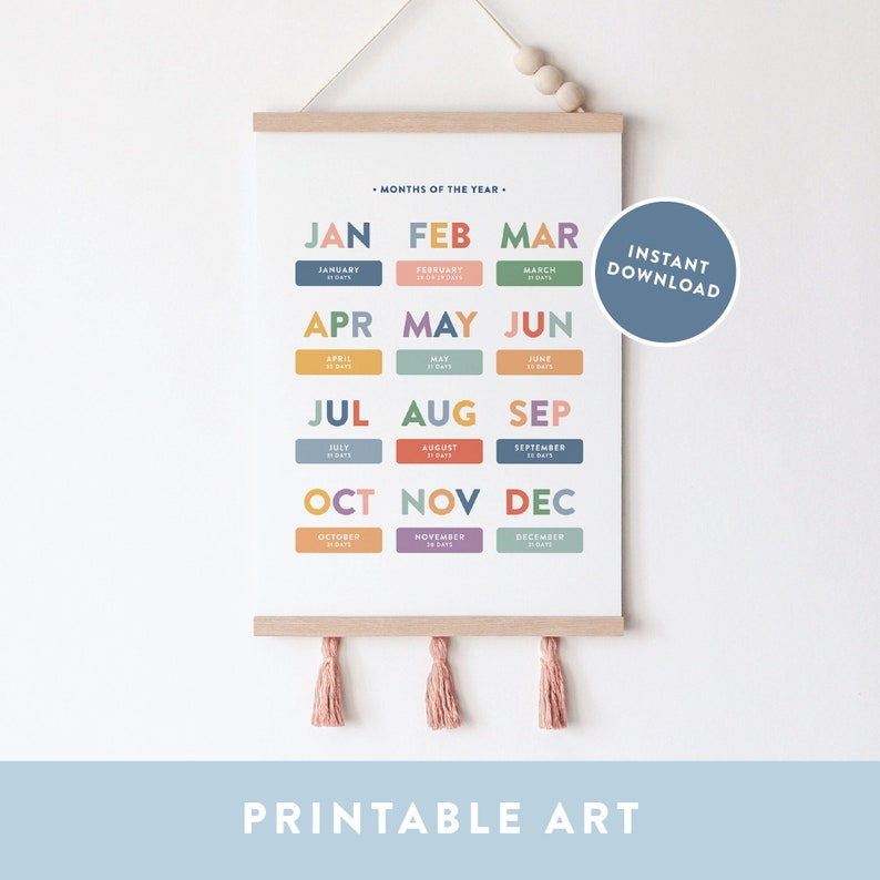 Months of the Year Printable Wall Art: Rainbow Classroom Poster ...