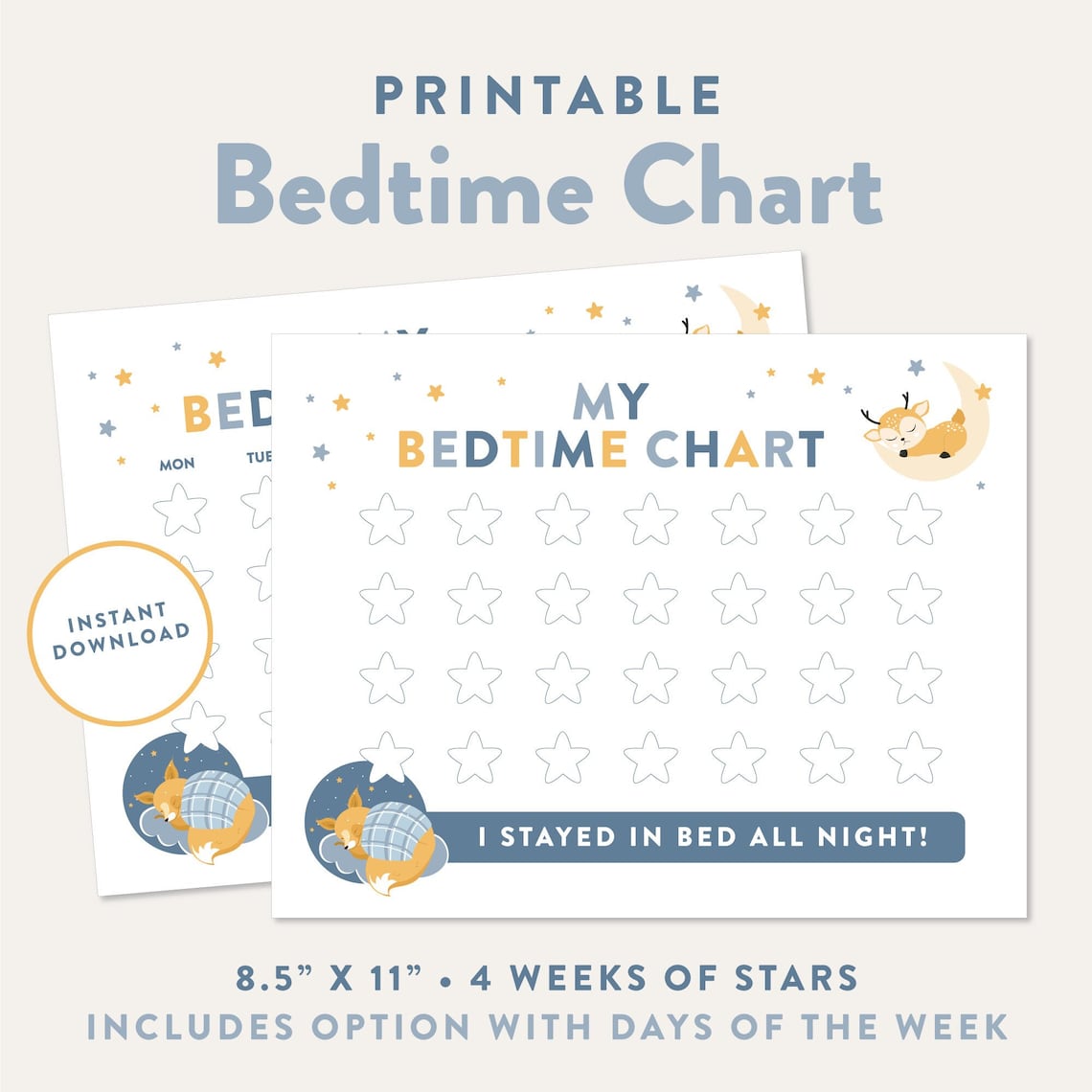 Printable Bedtime Chart, Sleep Chart for Kids, Toddler Sticker Chart ...