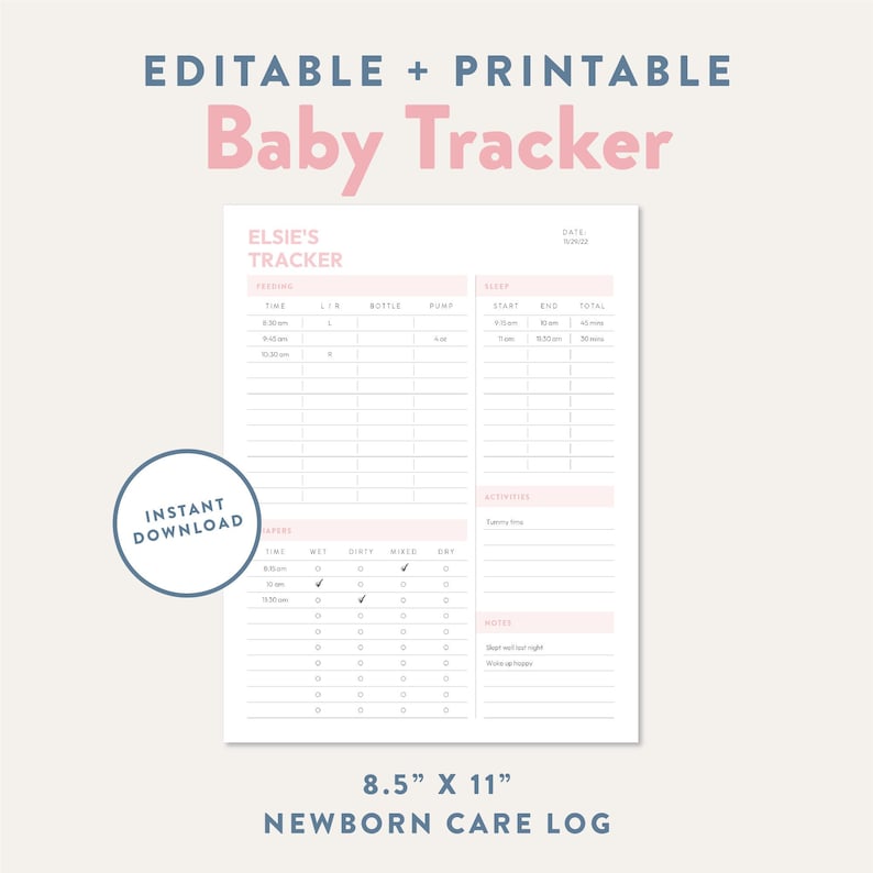 Printable Newborn Care Log, Custom Baby Tracker for Feeding, Diapers ...