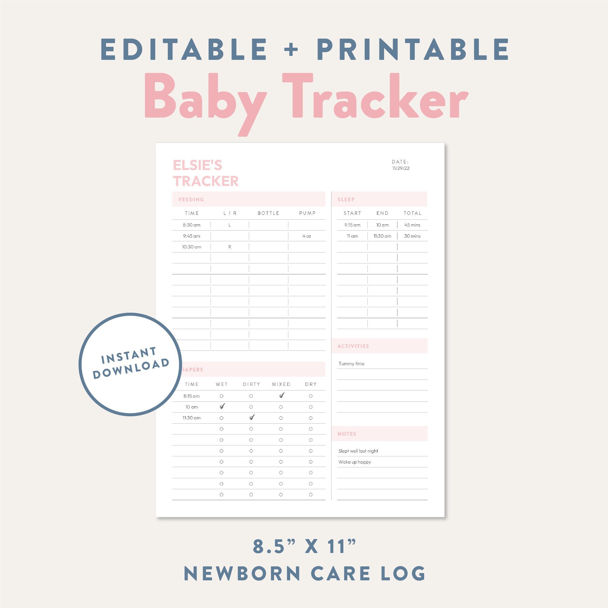 Printable Newborn Care Log, Custom Baby Tracker for Feeding, Diapers ...