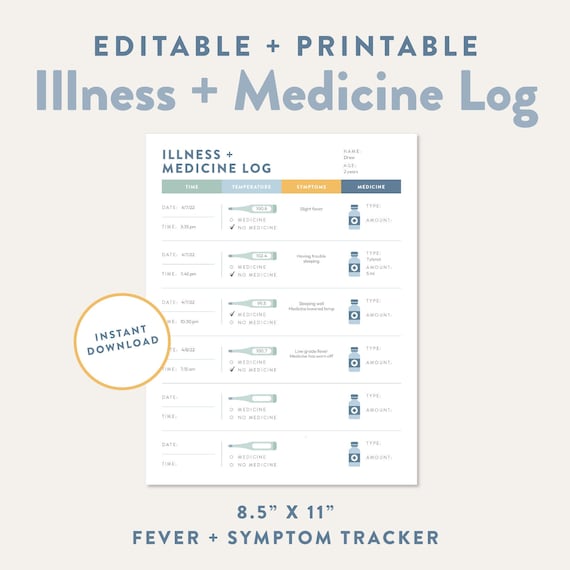 Editable Illness and Medicine Log Printable Fever & Symptom - Etsy