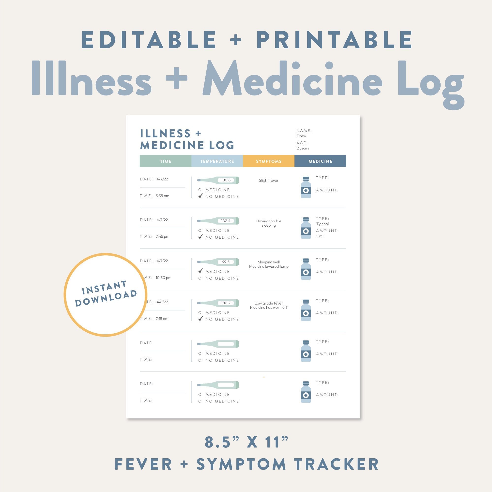 Editable Illness and Medicine Log, Printable Fever & Symptom Tracker ...