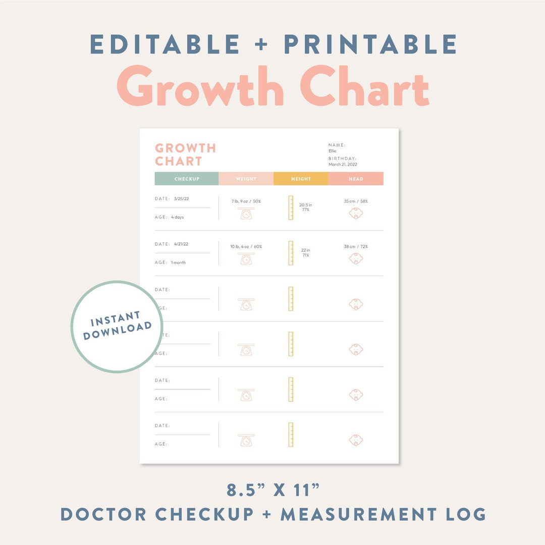 Editable Growth Chart, Printable Checkup Log for Baby and Kid Well ...