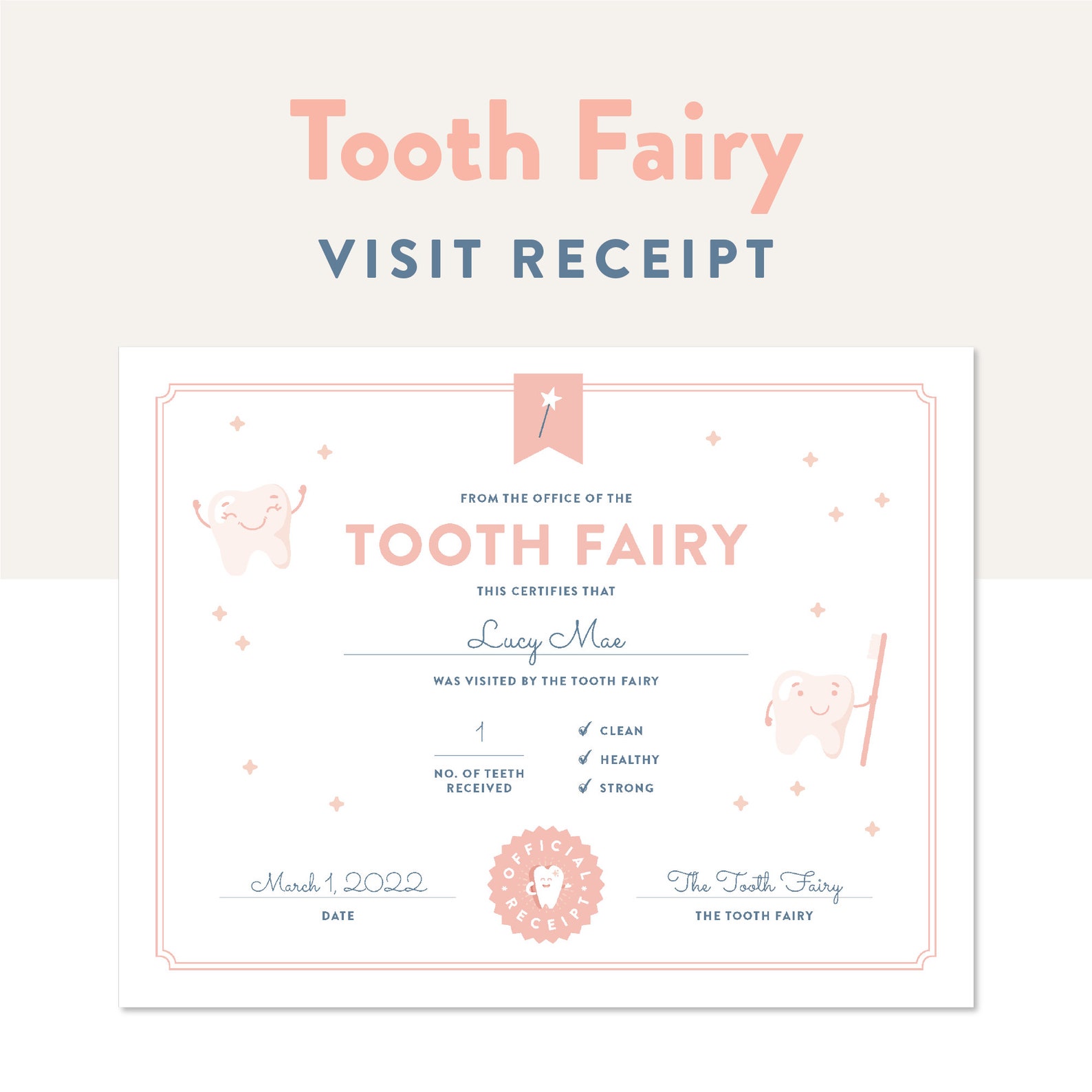 Editable Tooth Fairy Certificate & Receipt: Pink Official Visit Letter ...