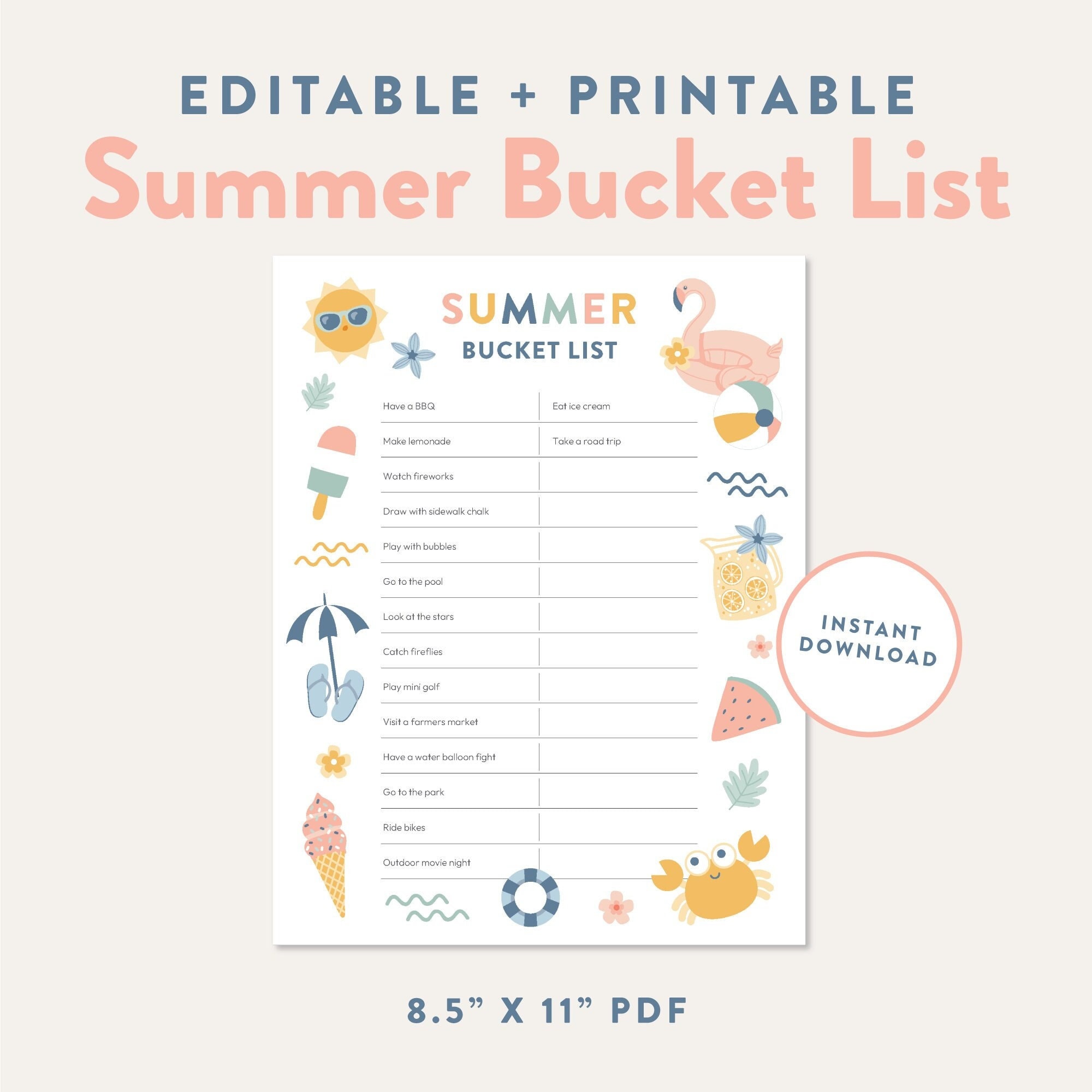 Editable Summer Bucket List, Printable Summer Fun Sheet, Kids and ...