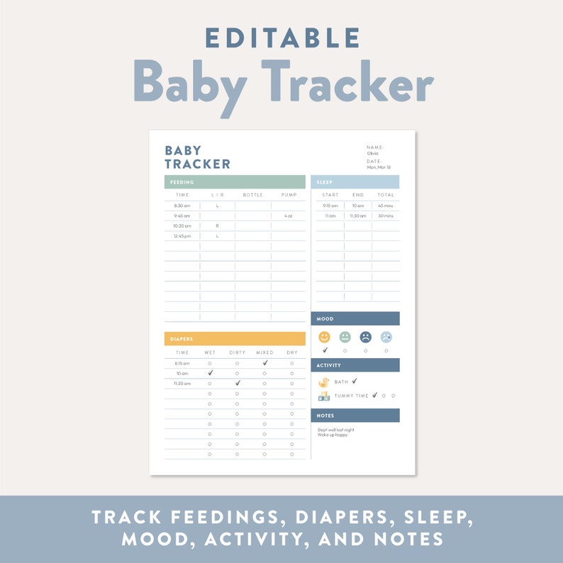 Printable Baby Care Bundle, Editable Baby Tracker for Feeding, Diapers ...