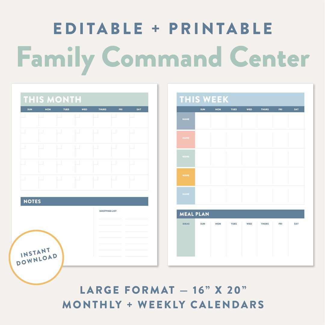 Editable Family Command Center, Printable Monthly Calendar & Weekly ...
