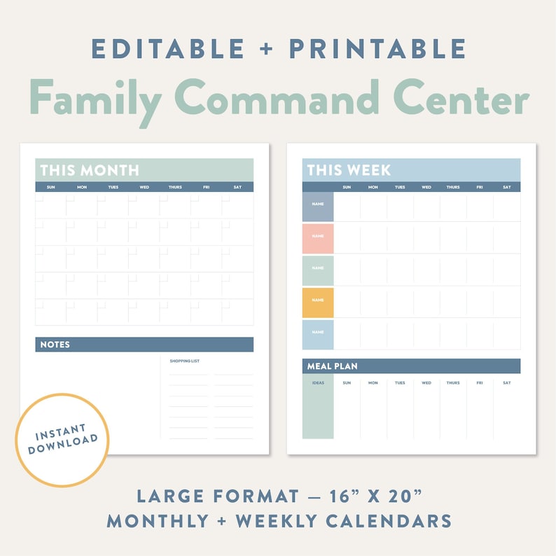 Editable Family Command Center Printable Monthly Calendar & - Etsy