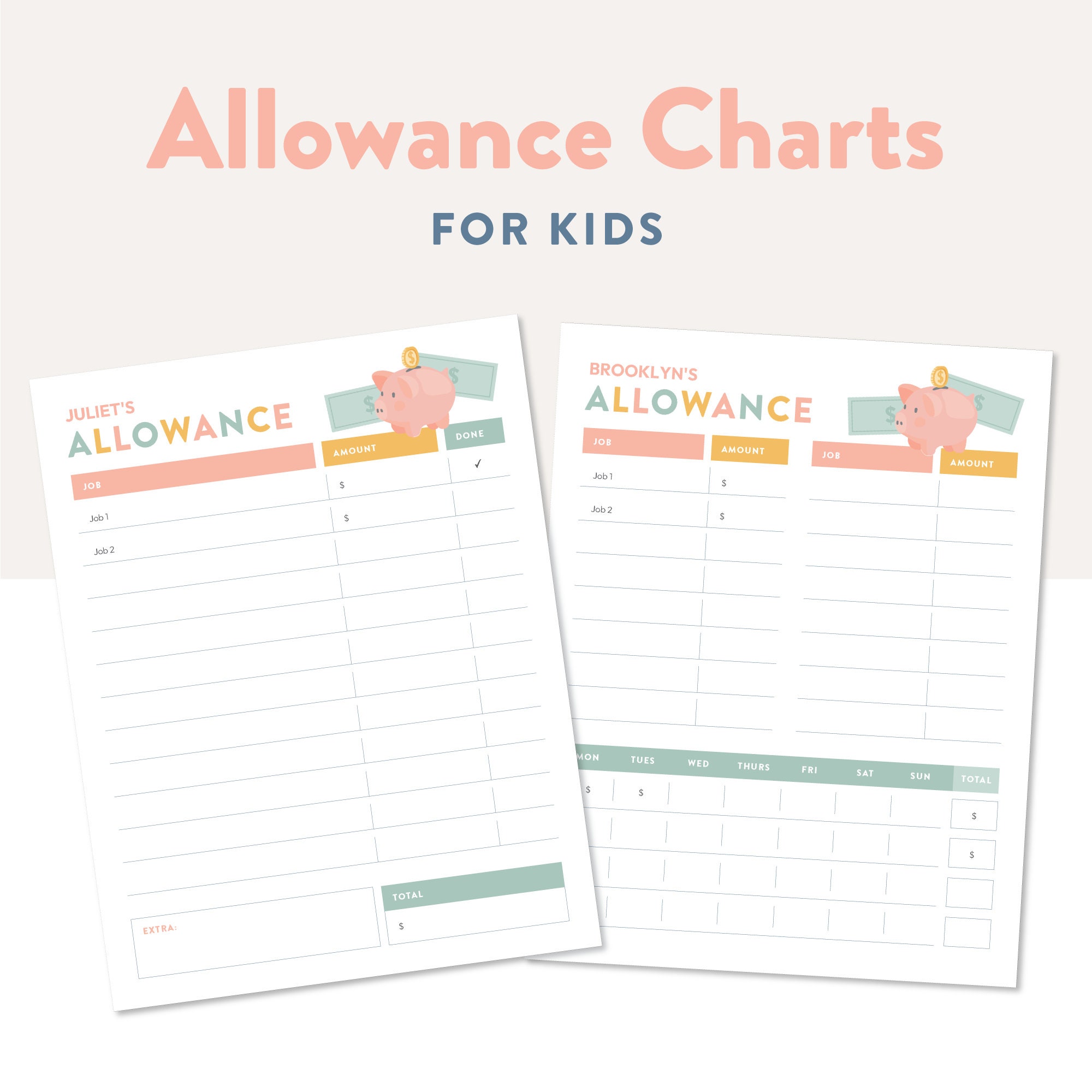 Editable Allowance Charts, Printable Job List, Personalized Kids Money ...