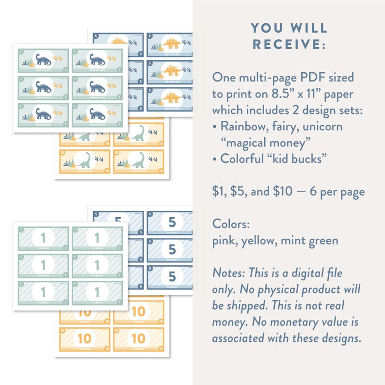 Allowance Money for Kids, Printable Allowance Dollars, Dino Dollars ...