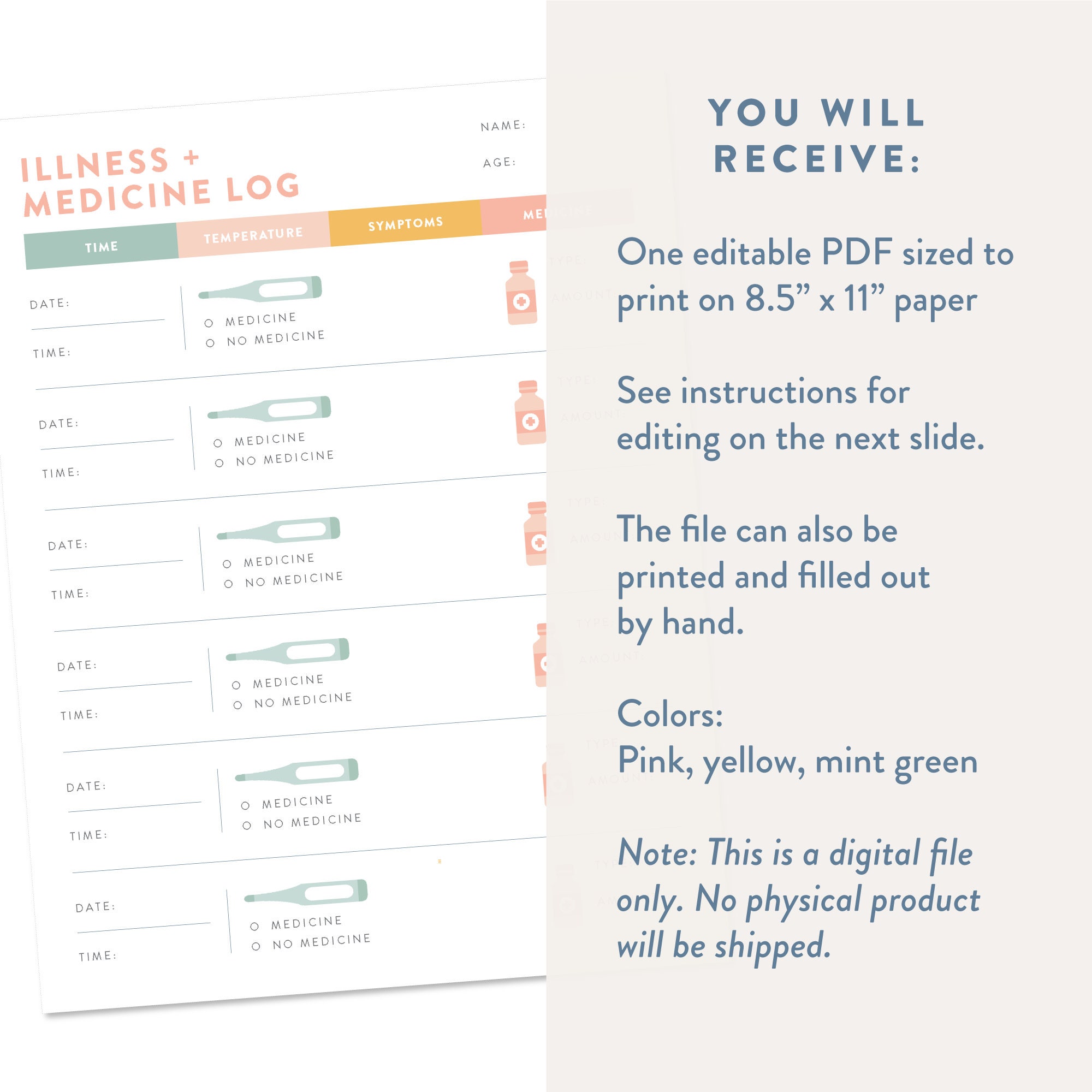 Editable Illness and Medicine Log, Printable Fever & Symptom Tracker ...