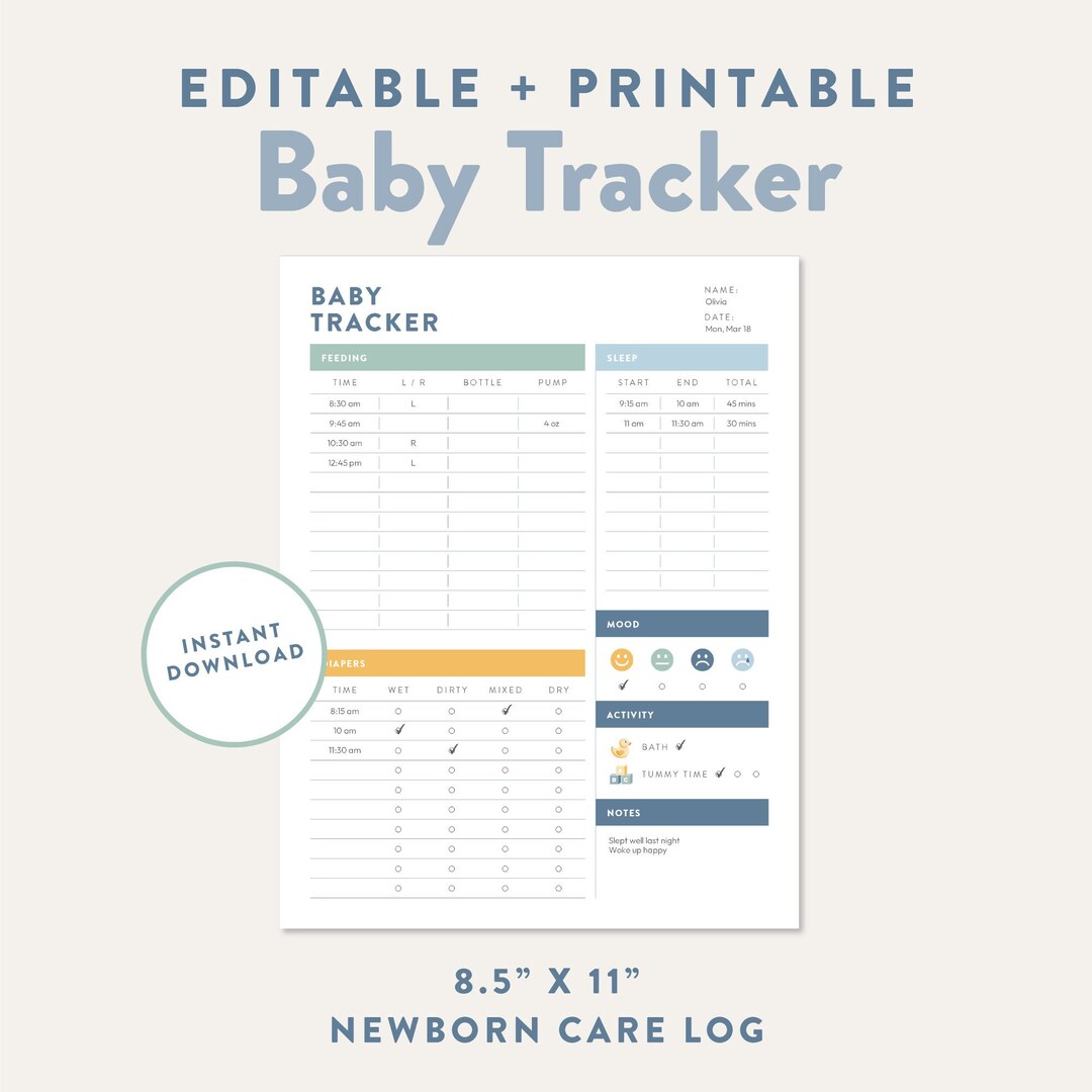 Printable Newborn Care Log, Editable Baby Tracker for Feeding, Diapers ...