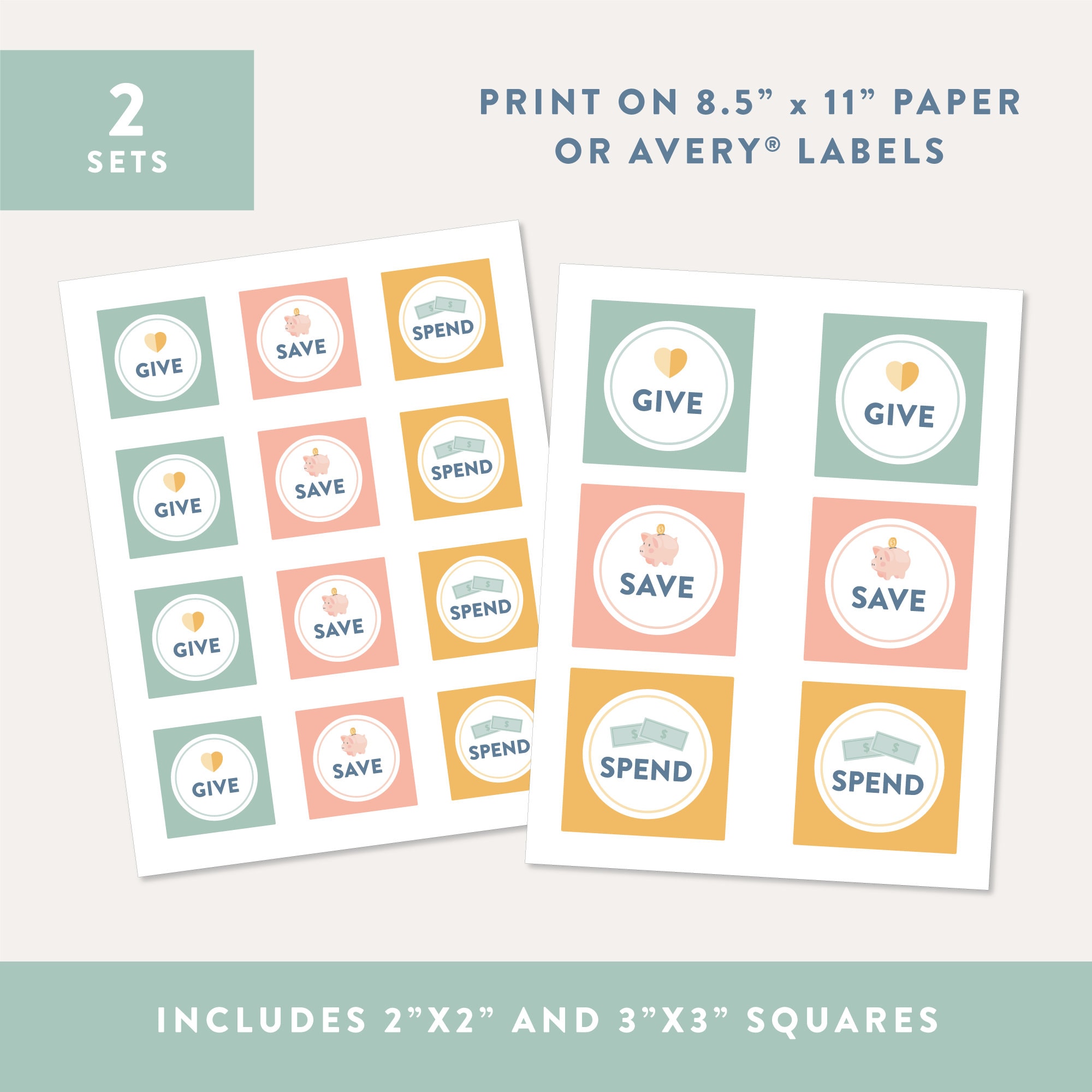 Give Save Spend Square Labels, Printable Allowance Jar Labels, Piggy ...