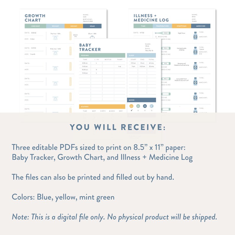 Printable Baby Care Bundle, Editable Baby Tracker for Feeding, Diapers ...