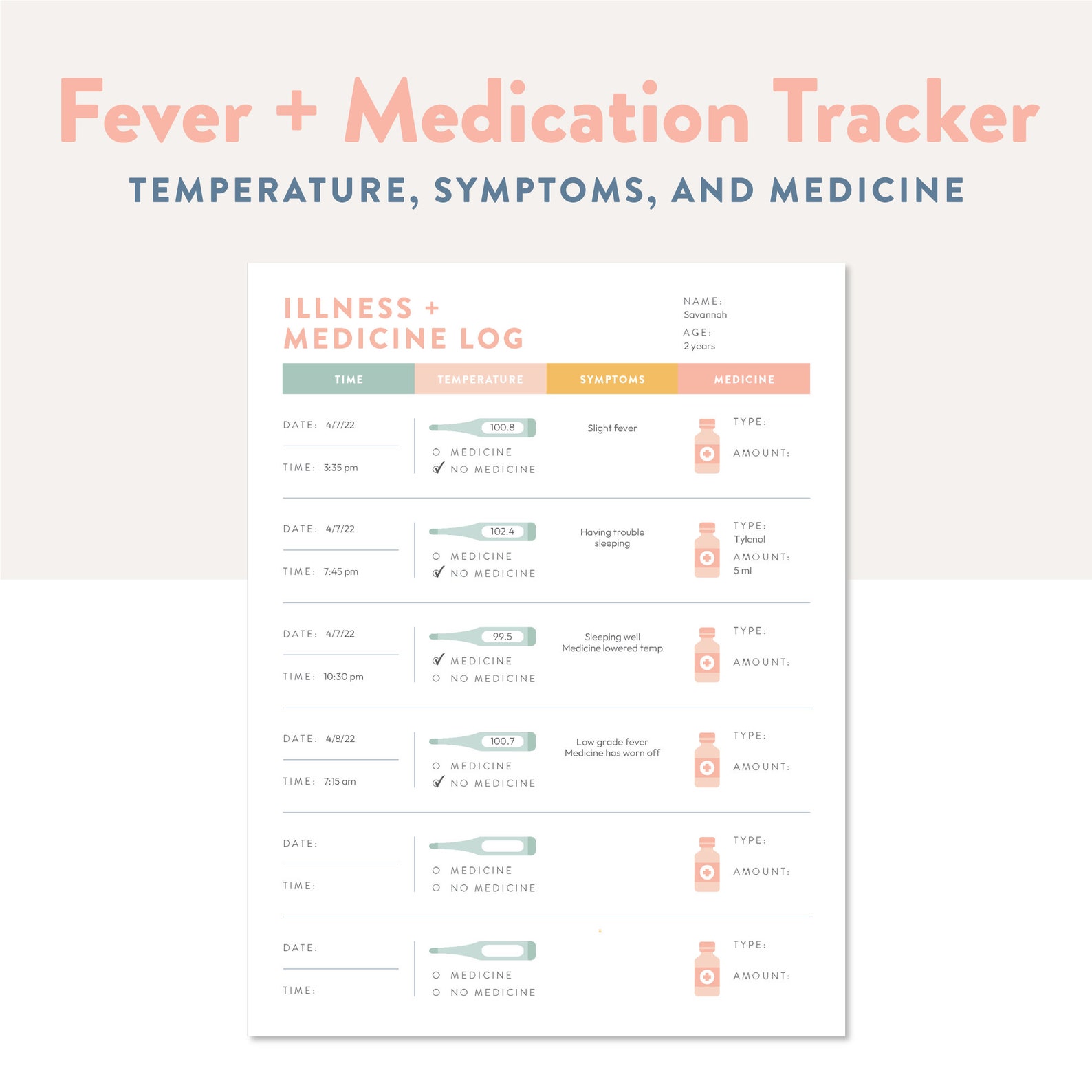 Editable Illness and Medicine Log, Printable Fever & Symptom Tracker ...