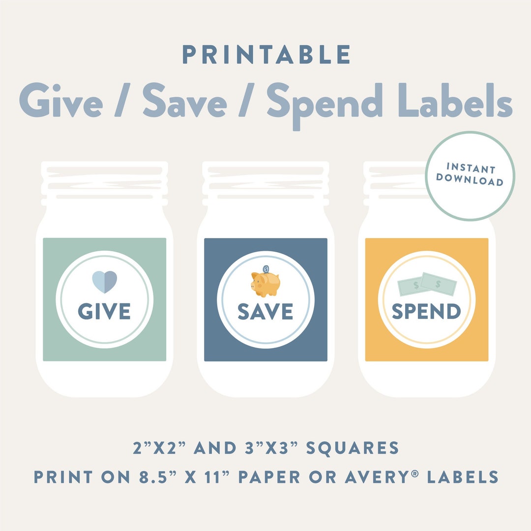 Give Save Spend Square Labels, Printable Allowance Jar Labels, Piggy ...