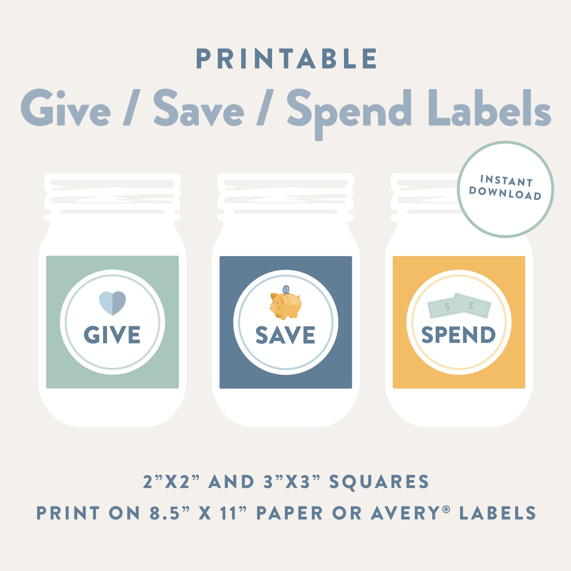 Give Save Spend Square Labels, Printable Allowance Jar Labels, Piggy ...