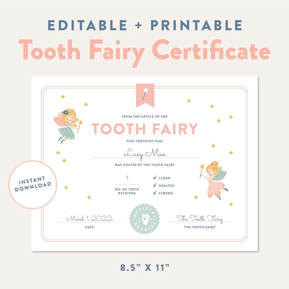 Editable Tooth Fairy Certificate Printable Tooth Fairy - Etsy Canada