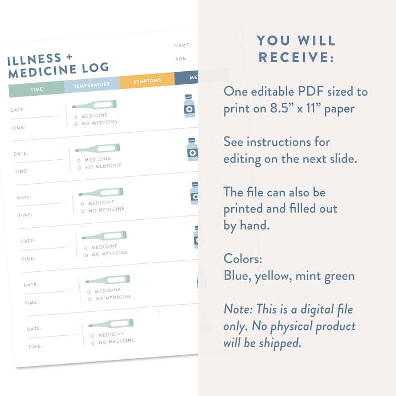 Editable Illness and Medicine Log, Printable Fever & Symptom Tracker ...