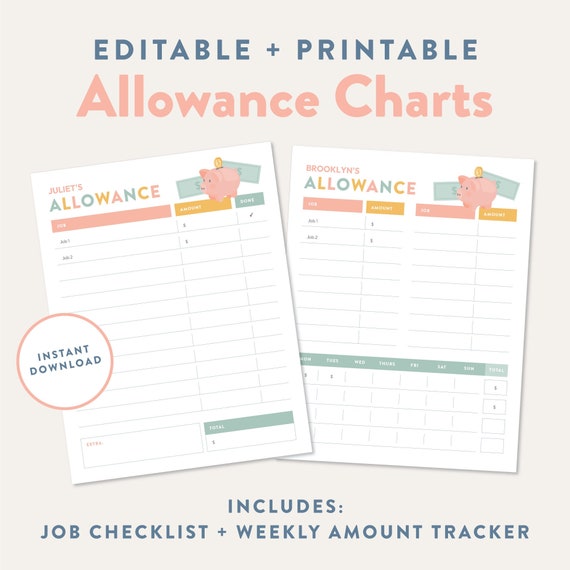 Editable Allowance Charts Printable Job List Personalized | Etsy