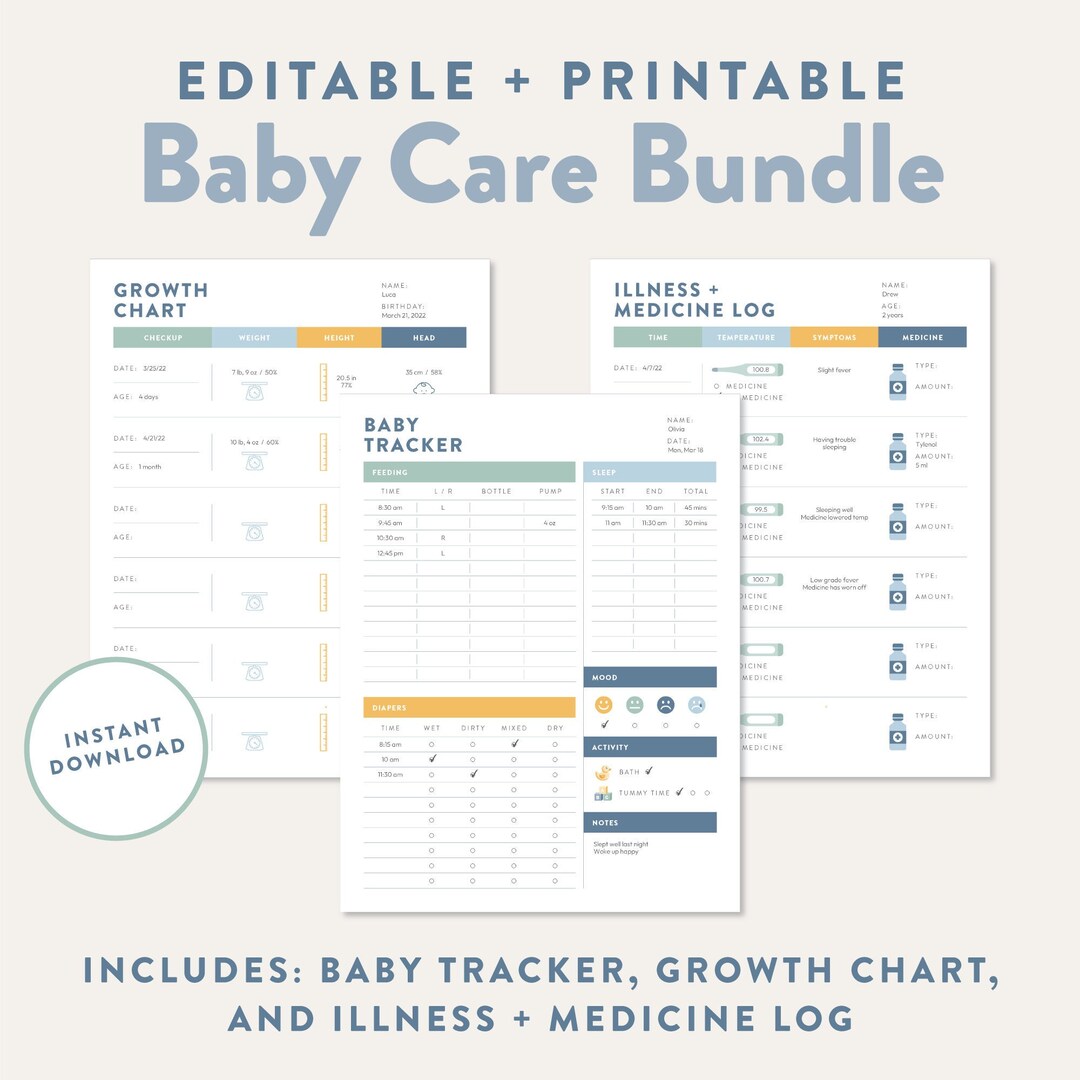 Printable Baby Care Bundle, Editable Baby Tracker for Feeding, Diapers ...