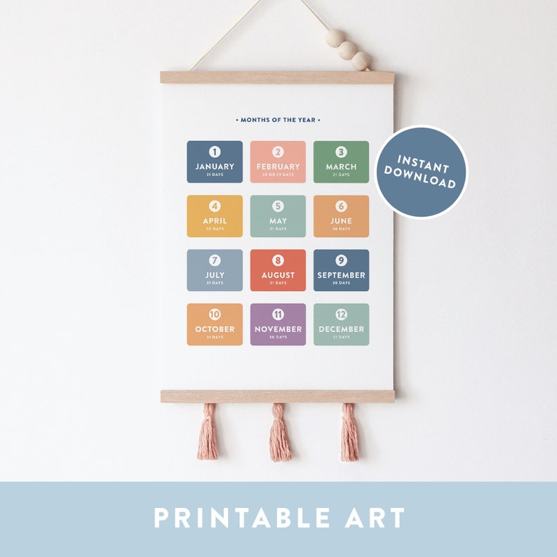 Months of the Year Educational Poster, Printable Wall Art, Classroom ...