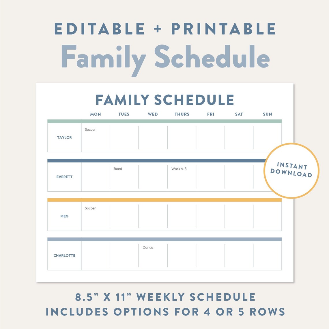Editable Family Schedule Printable Weekly Planner - Etsy