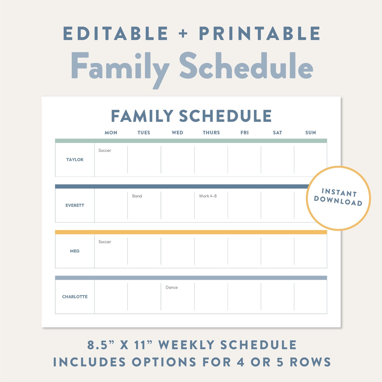 Editable Family Schedule, Printable Weekly Planner, Customizable PDF ...