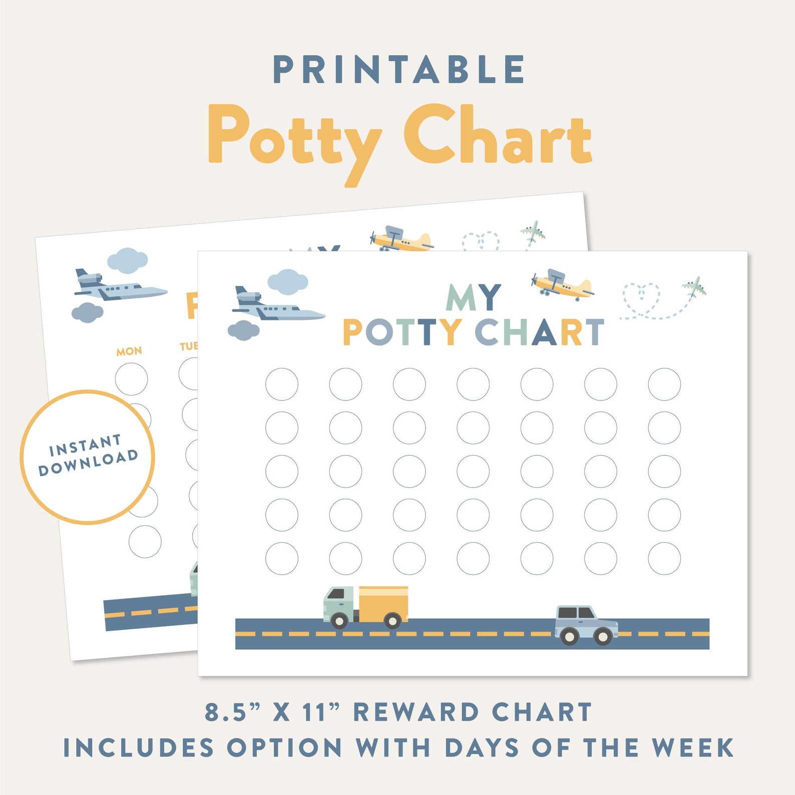 Transportation Potty Chart, Printable Potty Training Reward Chart for ...
