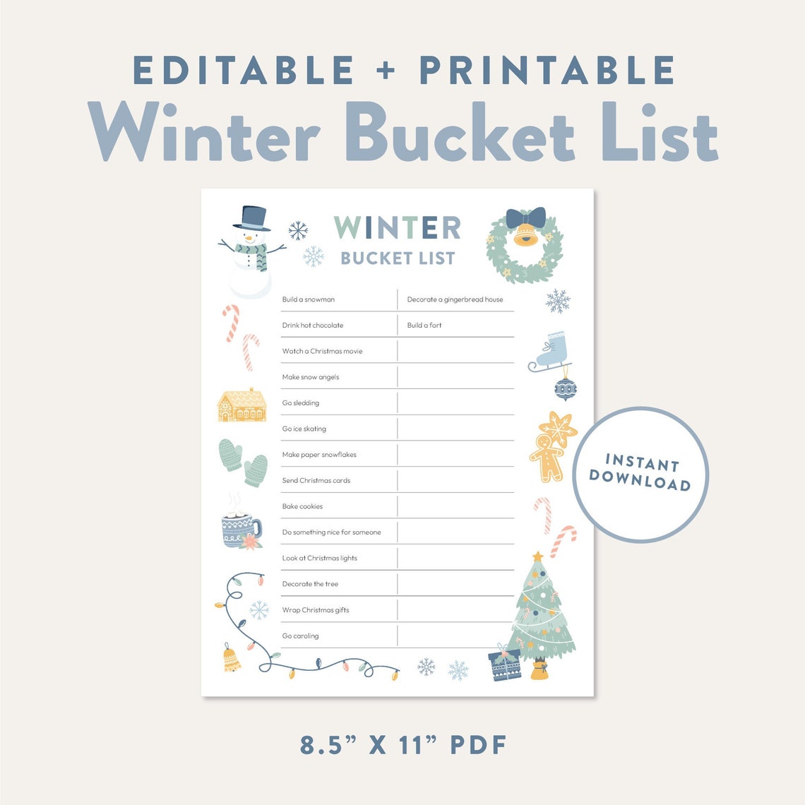 Editable Winter Bucket List, Printable Winter Fun Sheet, Kids and ...