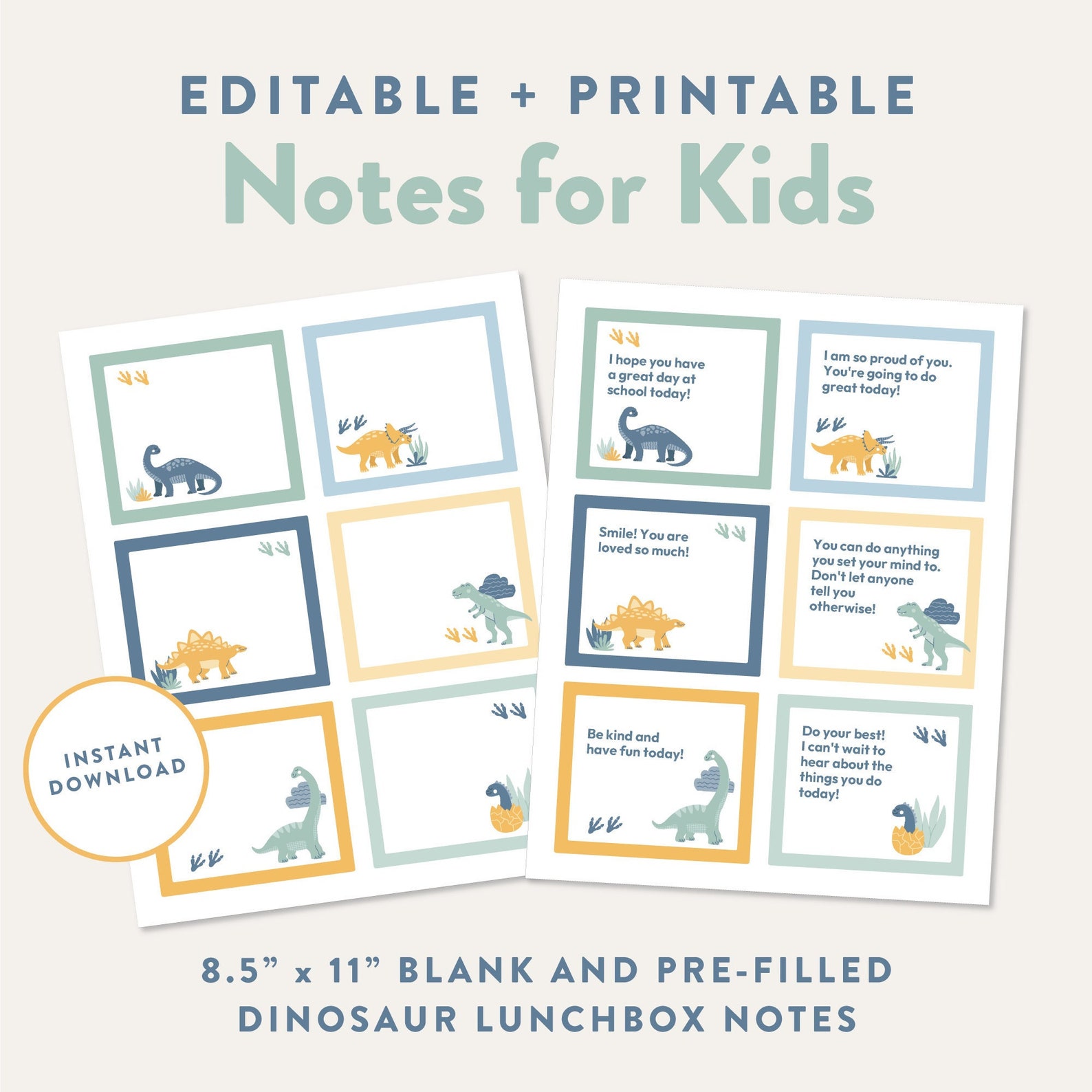 Editable Lunchbox Notes, Printable Dinosaur Notes for Kids ...
