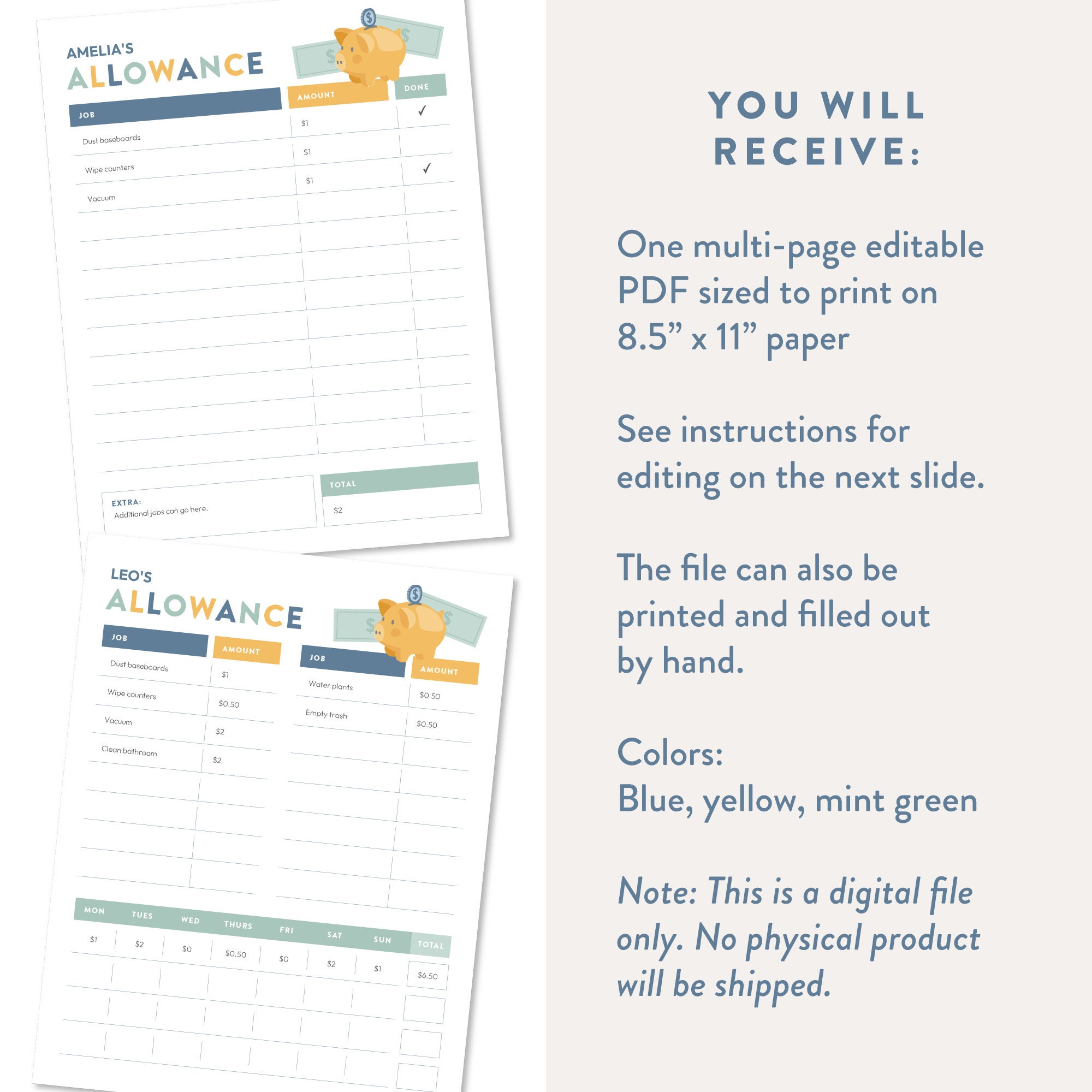 Editable Kids Allowance Chart: Printable Chore List (PDF) - Etsy