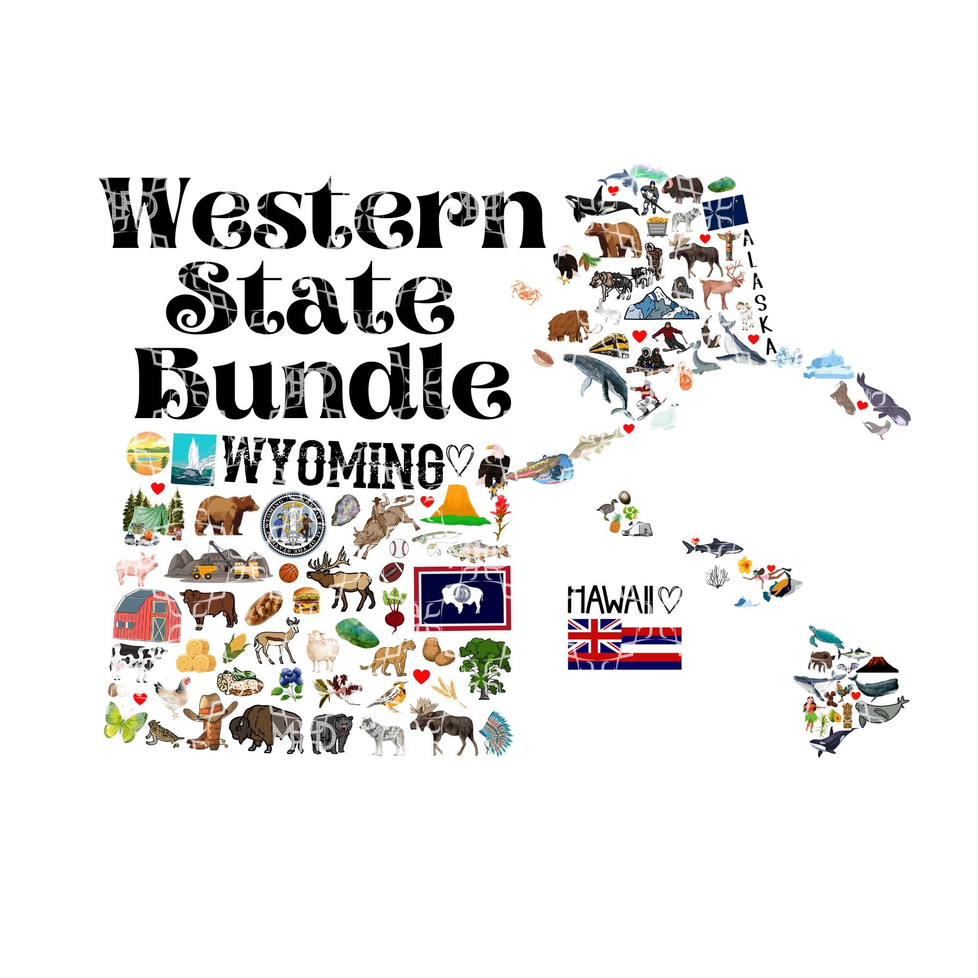 Western 3 State Bundle PNG, Wyoming Alaska Hawaii Symbols Digital ...