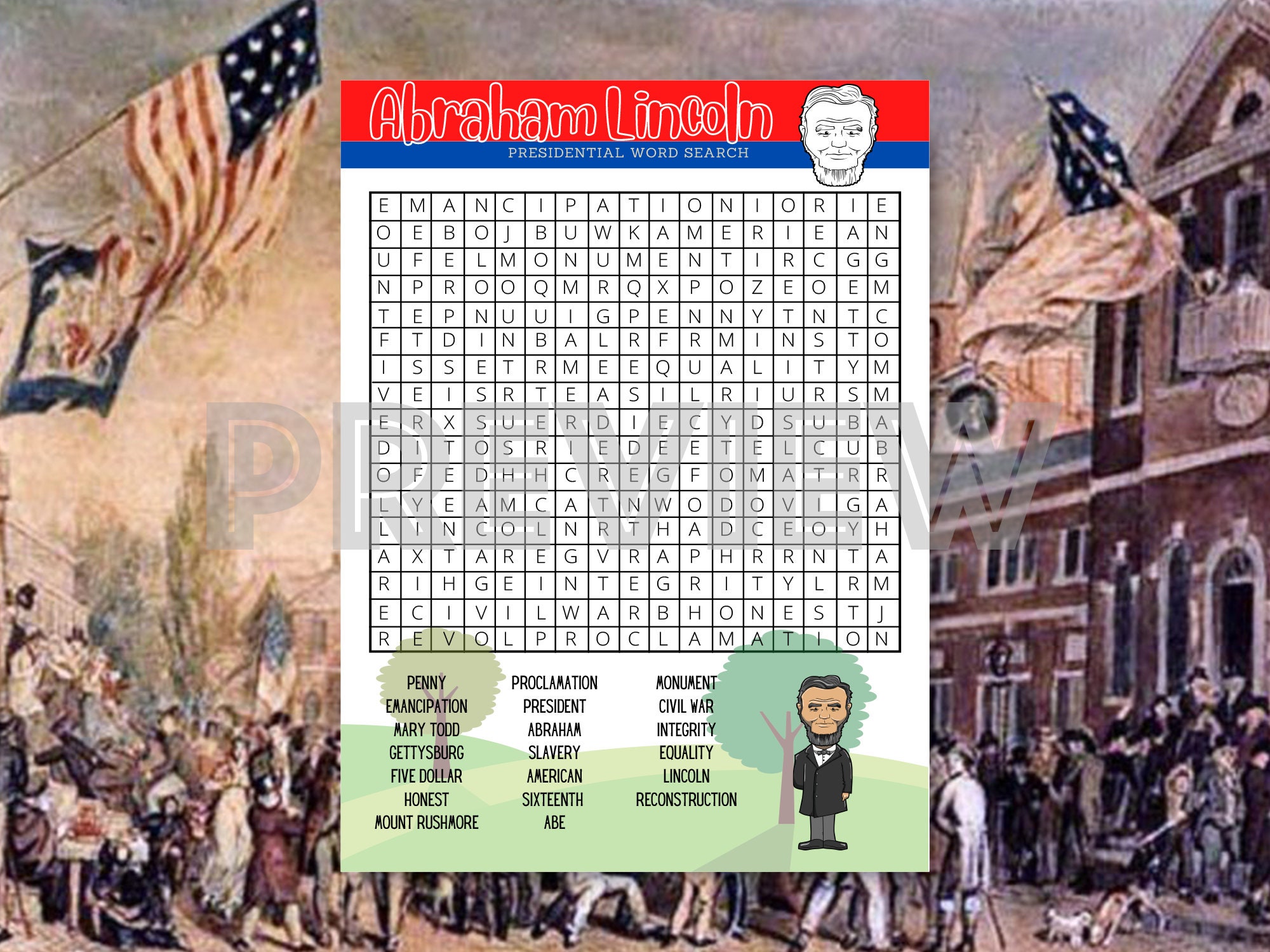 Abraham Lincoln Word Search - Etsy