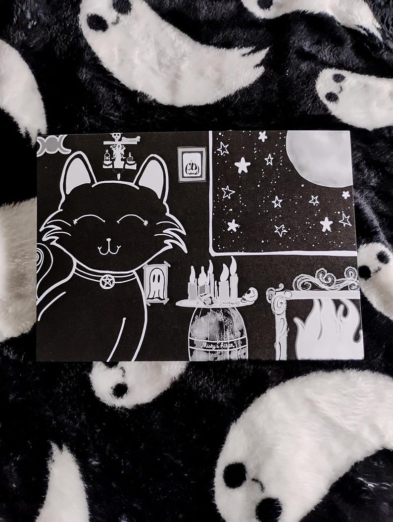 Magic Cat- Black and White Illustrated 7”x5” Ultra Cardstock Art Print ...