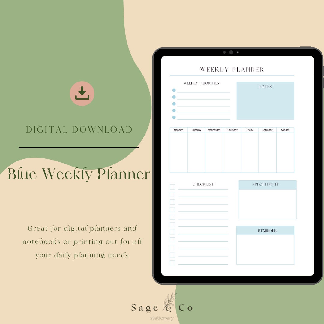 Blue Weekly Planner Page: Printable Organizer (digital Download) - Etsy