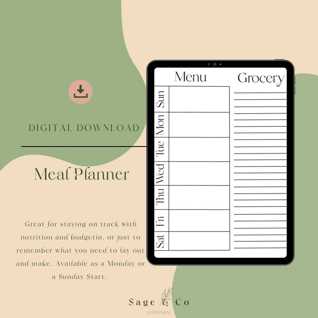 Digital Meal Planner Printable Weekly Meal Planner and | Etsy